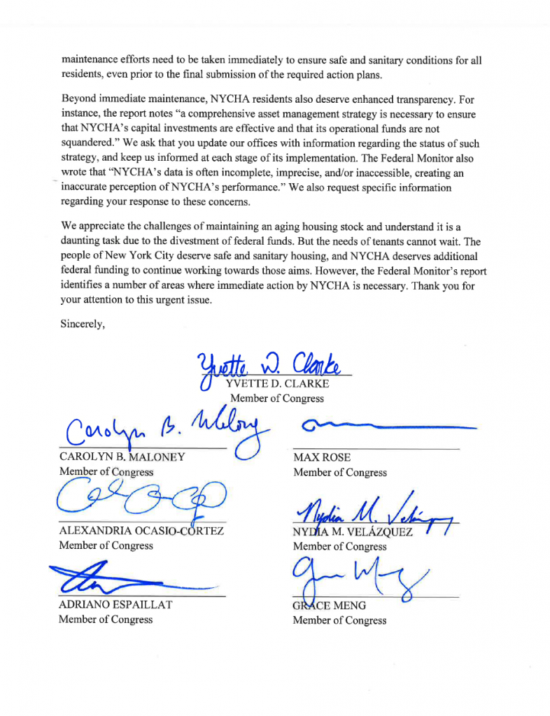 Clarke Authors Letter to NYCHA to Require Action for Resident Safety ...
